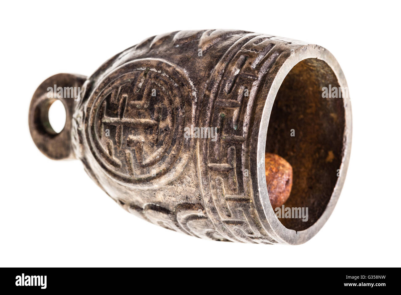 an ancient chinese religious bell isolated over a white background ...