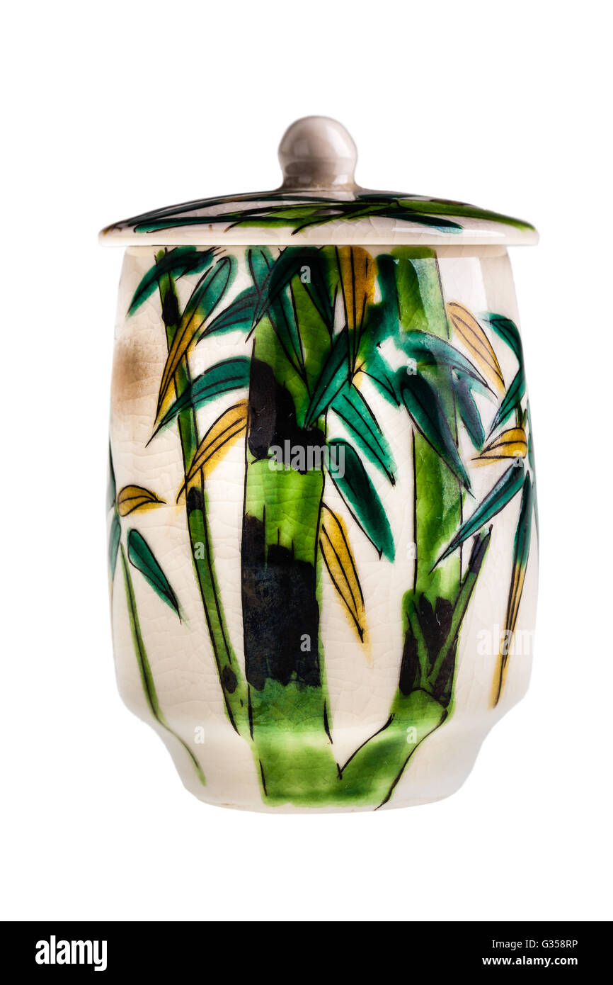 a painted chinese bamboo pot isolated over a white background Stock ...