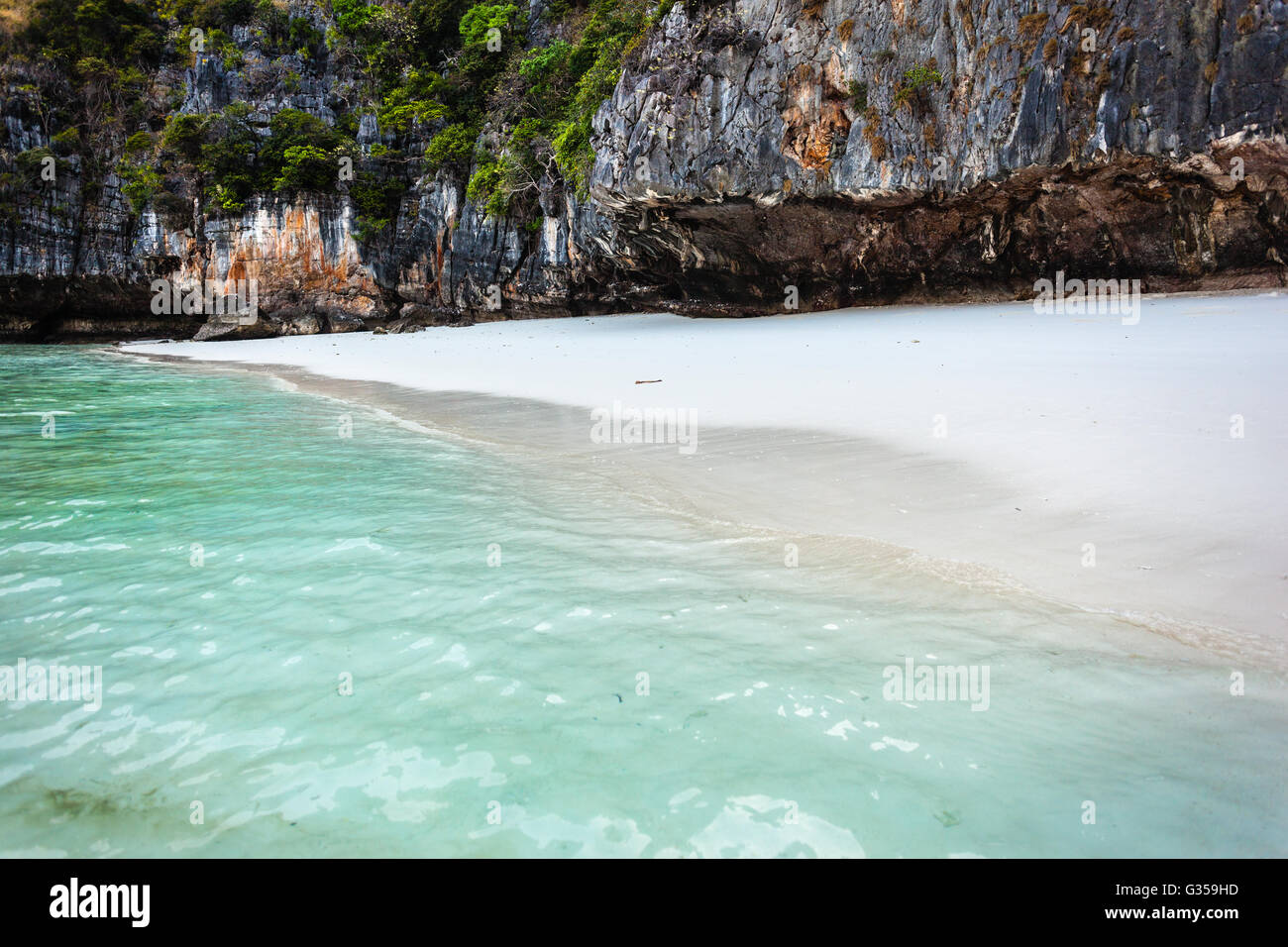 Maya Bay is sheltered by high cliffs on three sides with several ...