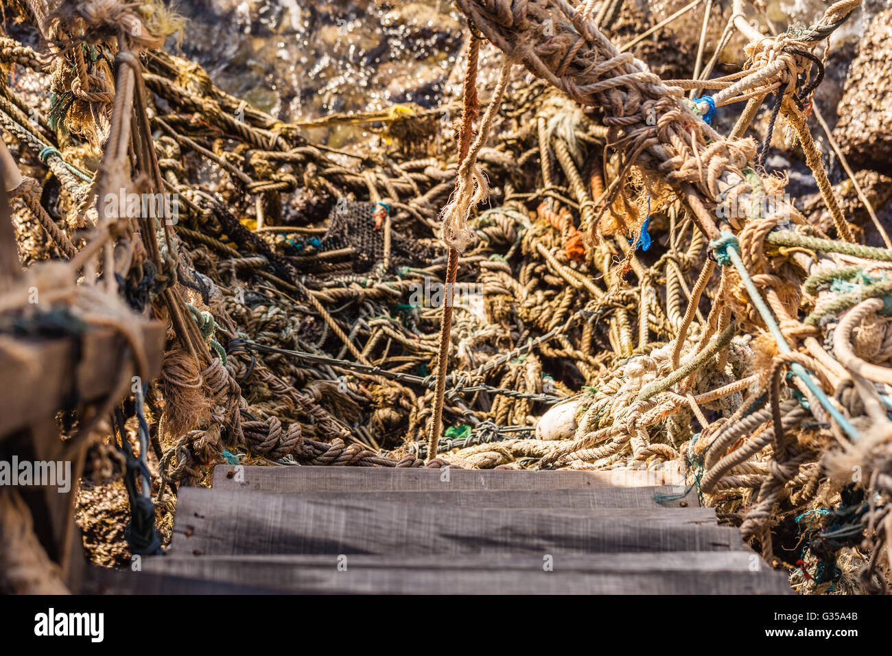 an old and unsafe wooden staircase leading to the ocean with a lot of ...
