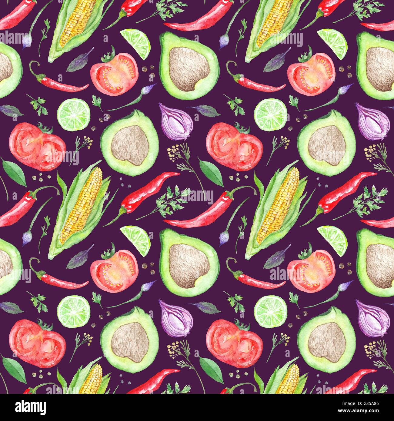 Seamless texture with detailed hand-painted vegetables and spices on ...