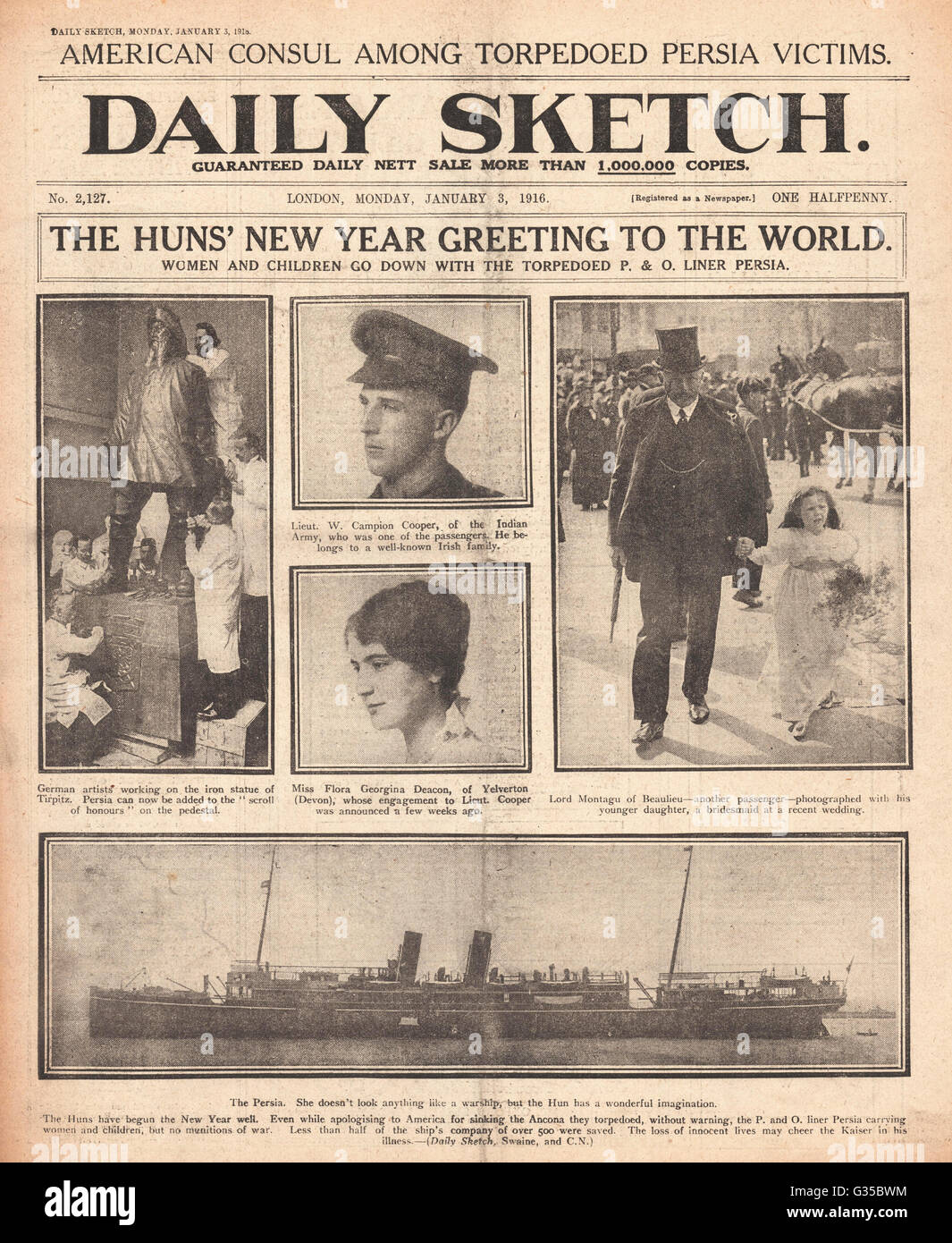 1916 Daily Sketch Sinking of P&O liner SS Persia Stock Photo - Alamy