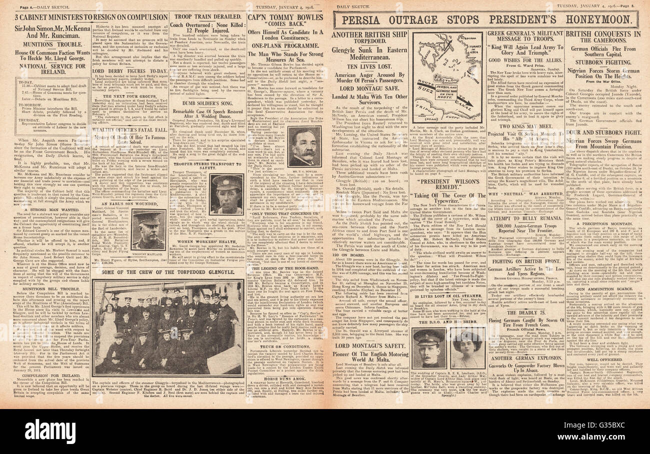 1916 Daily Sketch SS Persia sunk and Ministers resign Stock Photo - Alamy