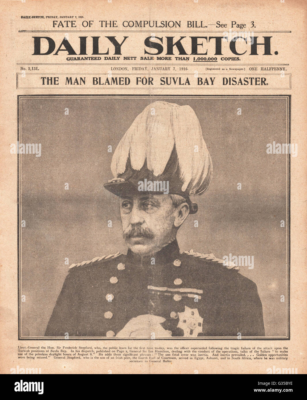 1916 Daily Sketch General Stopford blamed for Suvla Bay Disaster Stock ...