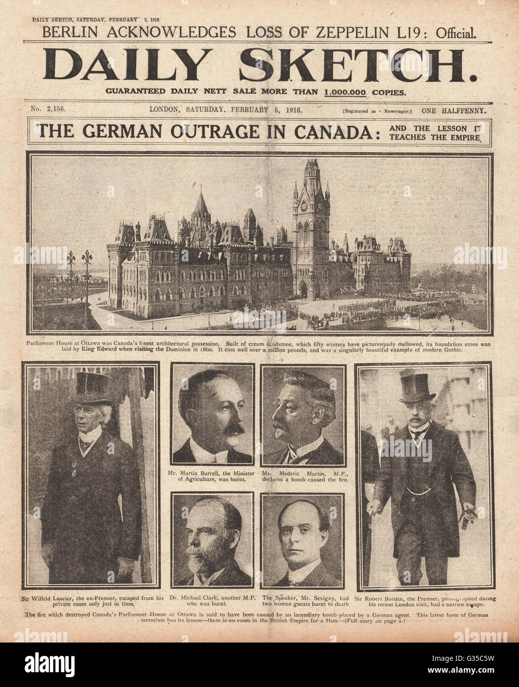 1916 Daily Sketch Canadian parliament building destroyed by fire Stock ...