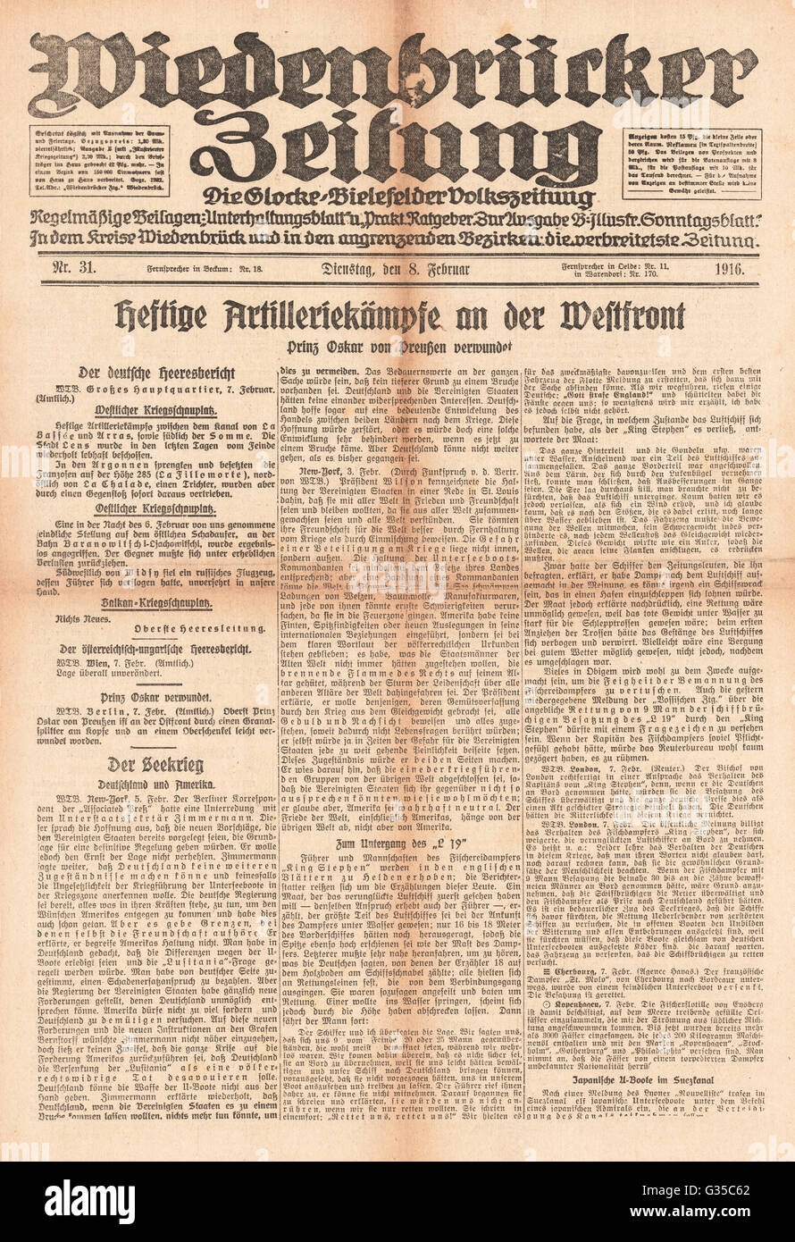 1916 Wiedenbrücke Zeitung Heavy artillery fire on the Western Front ...