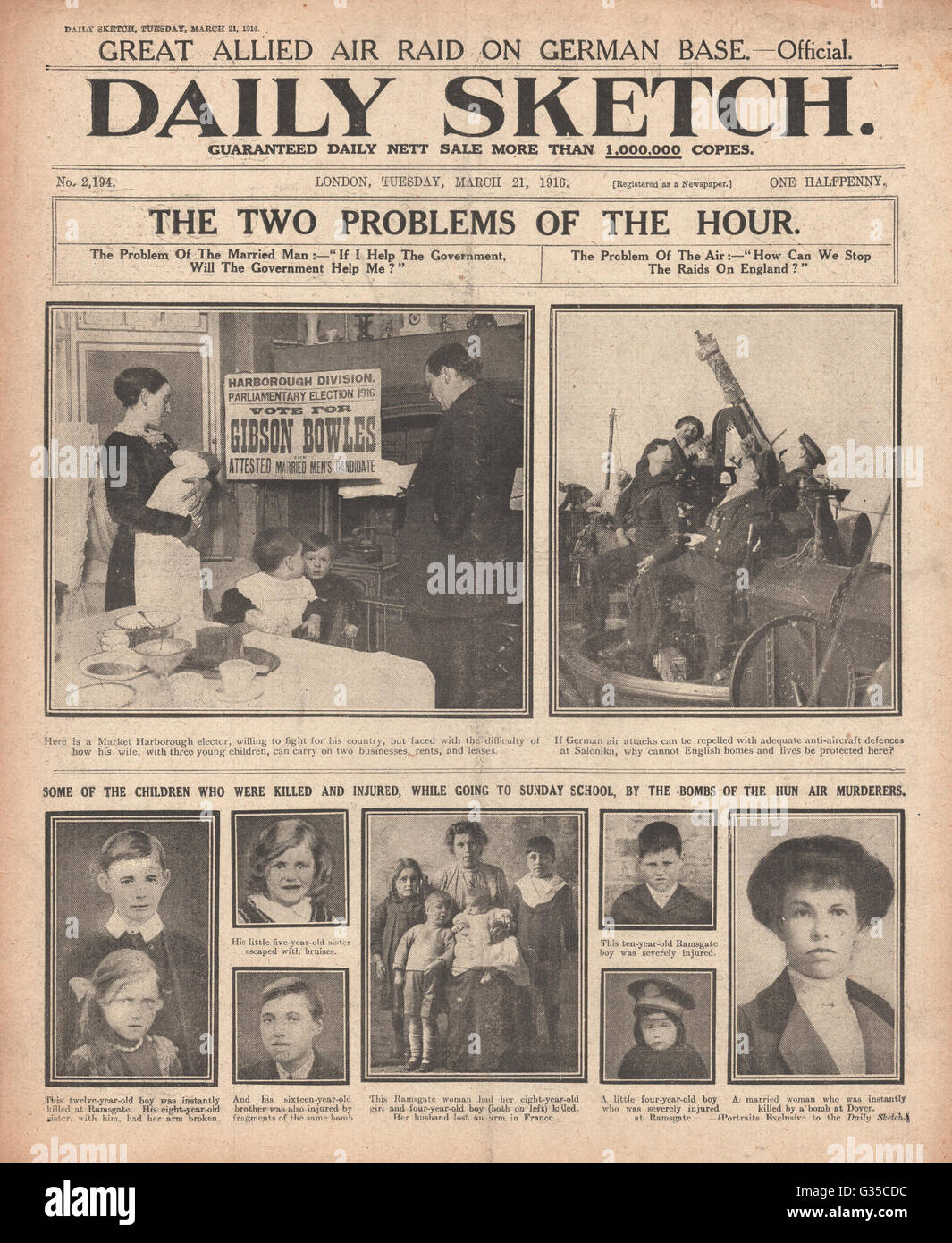 1916 Daily Sketch Victims of Kent Bombing raid Stock Photo - Alamy