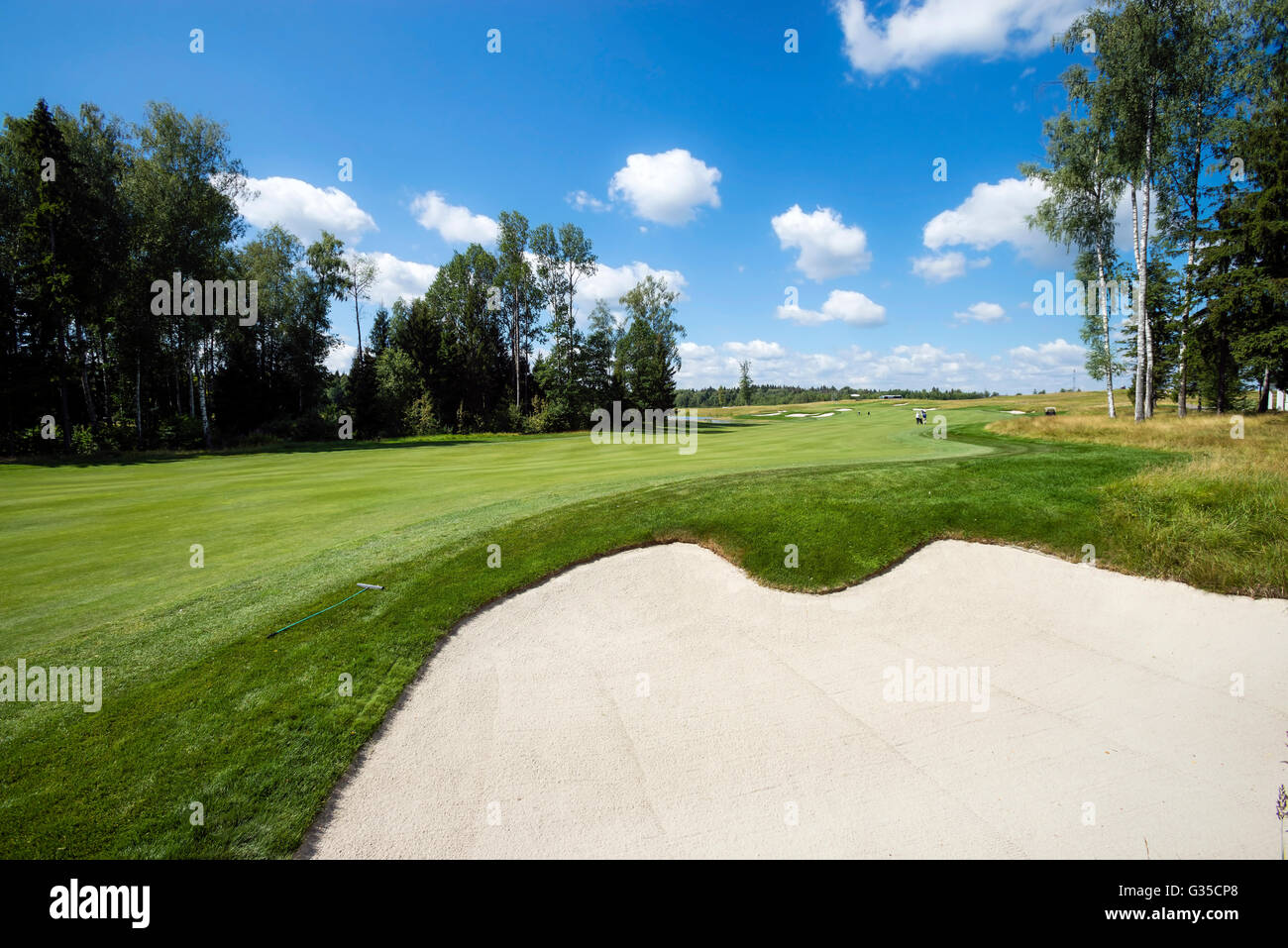 Sand trap and putting green with flag at golf course, country club ...