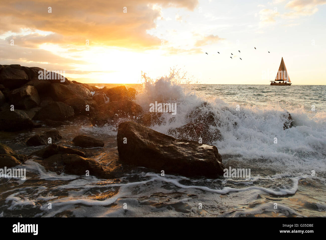 Sailboat waves is an ocean seascape with a wave crashing up against a ...