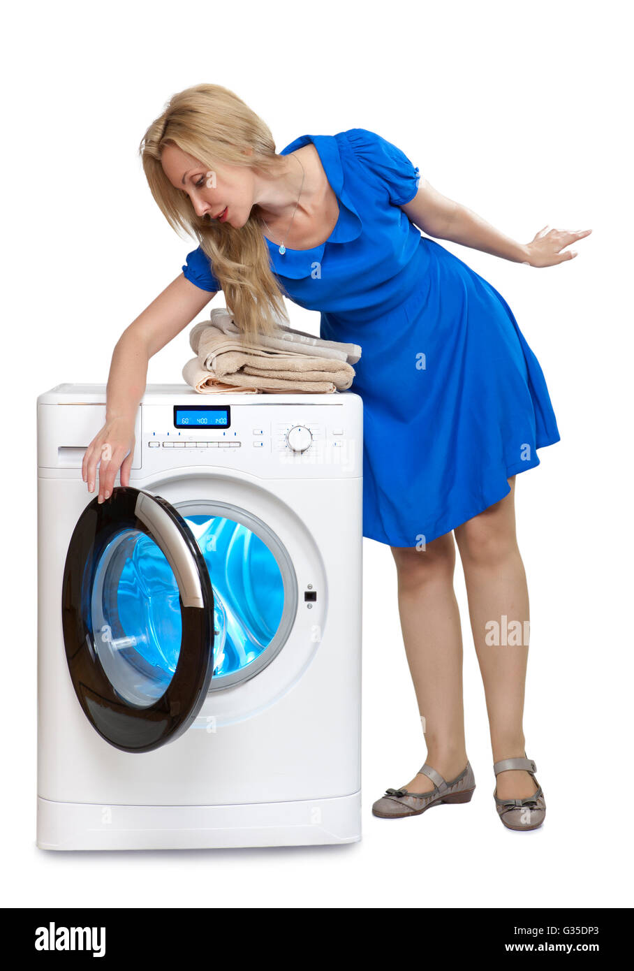 The happy young woman near the new washing machine Stock Photo - Alamy