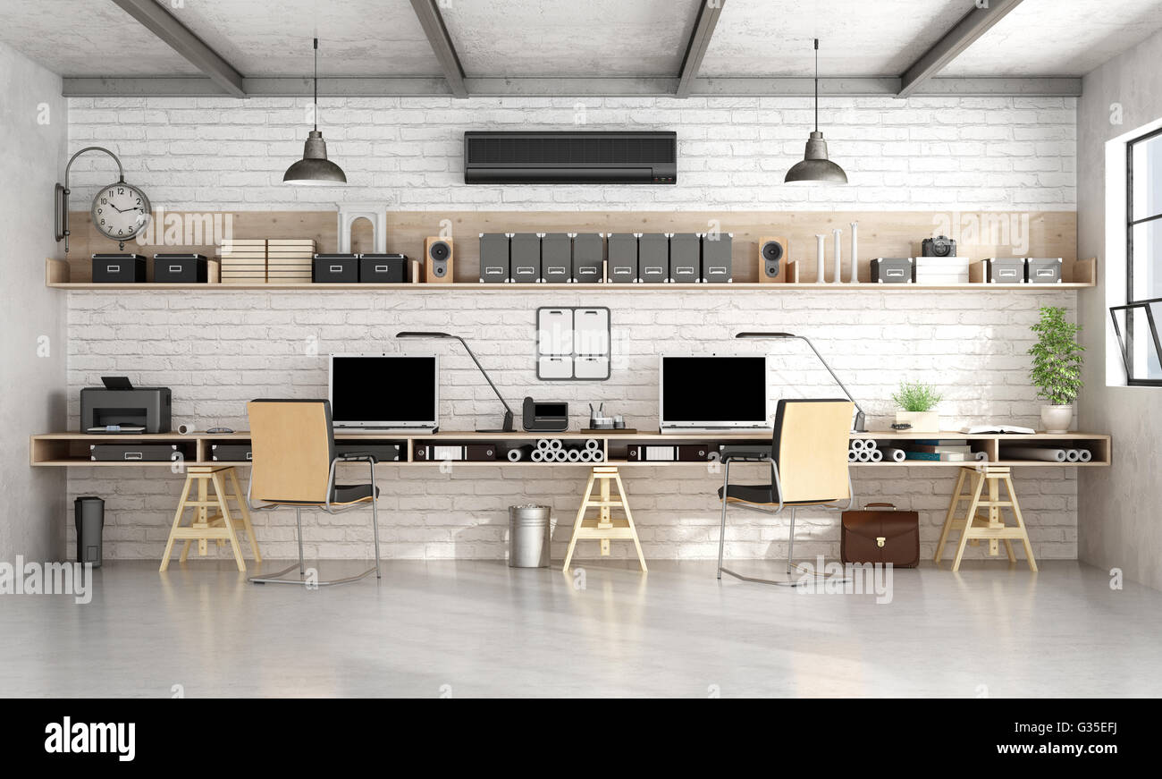 Architecture or engineering workplace office with two workstation in a ...