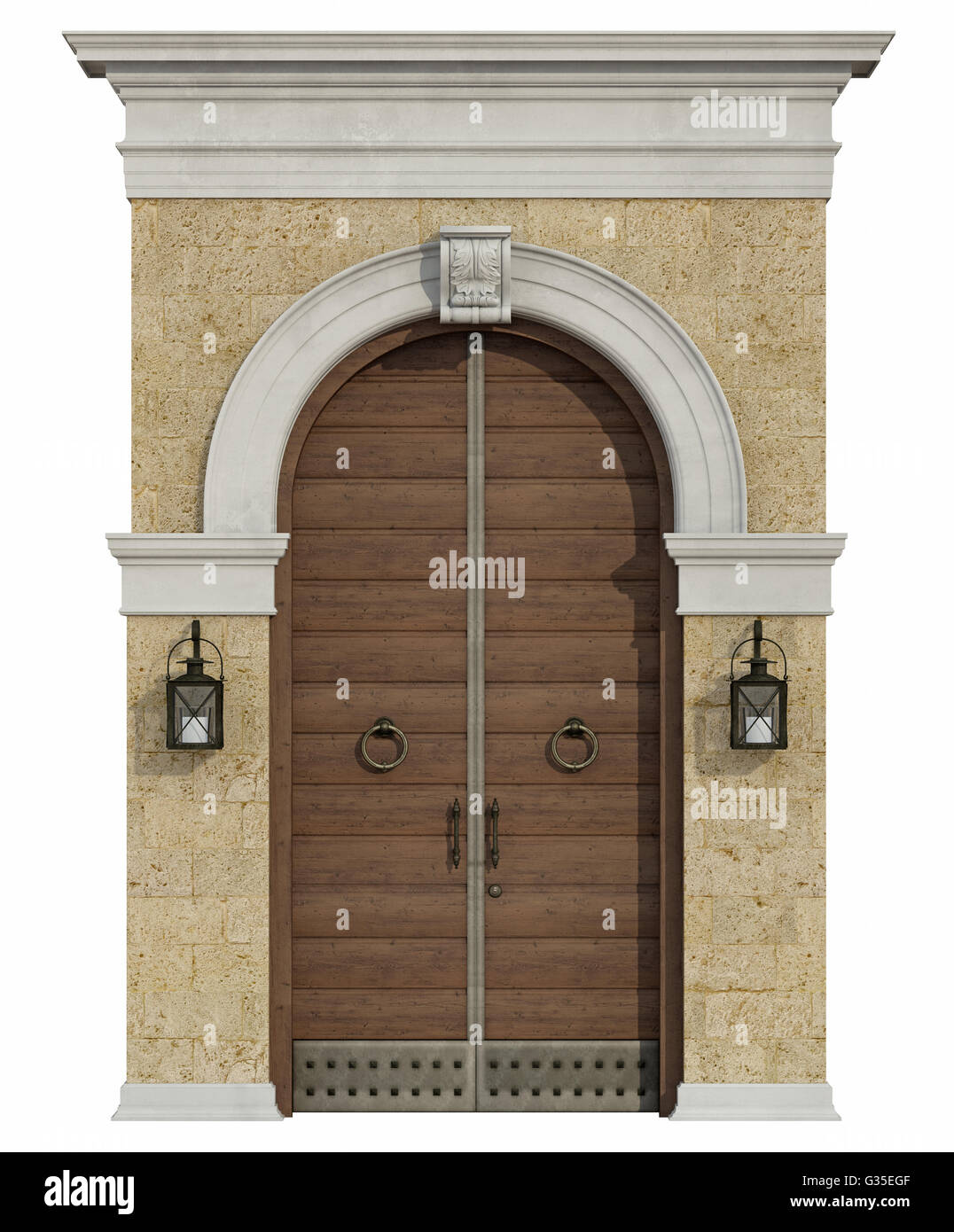 Front view of a medieval arch with old wooden door isolated on withe ...