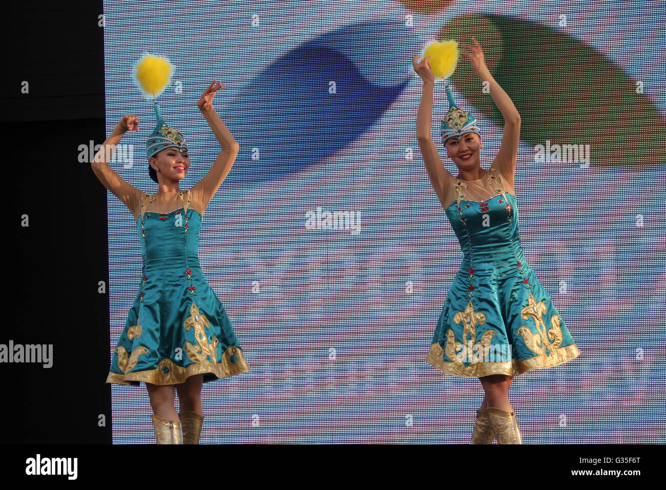 MILAN, ITALY - JUNE 29 2015: Two Kazakhstan dancer performance at ...