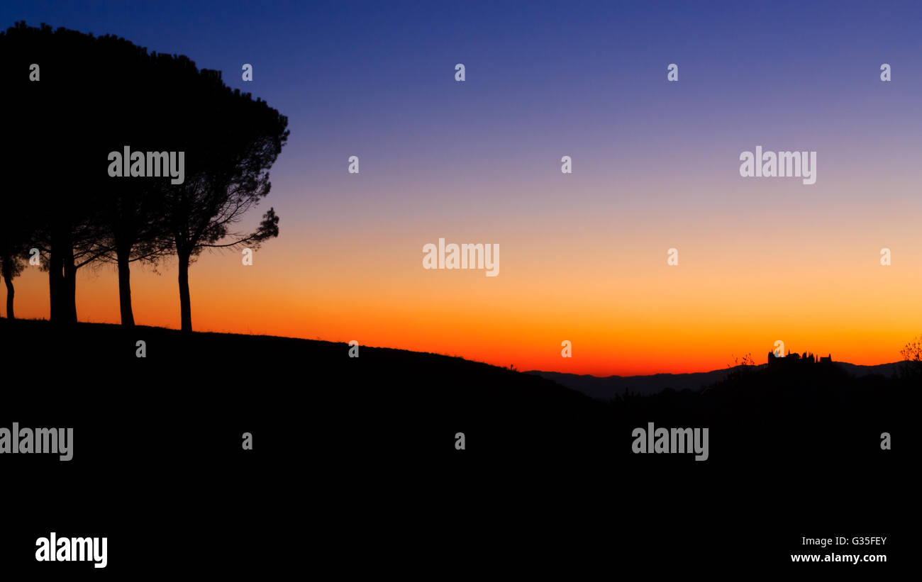 Hills panorama at sunset. Pines over hill. Minimal landscape Stock ...