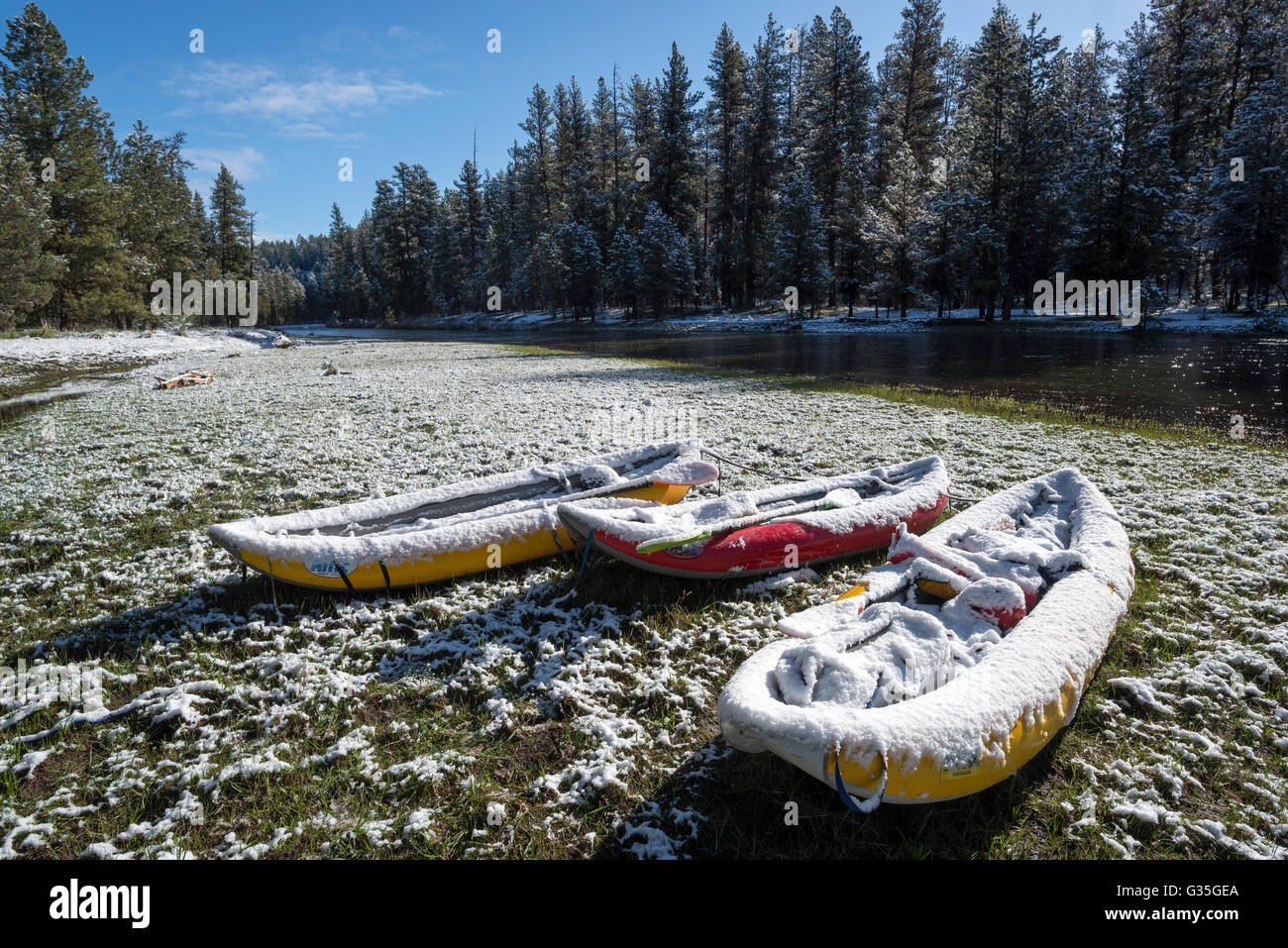 Inflatable kayaks covered in snow on the North Fork Crooked River in ...
