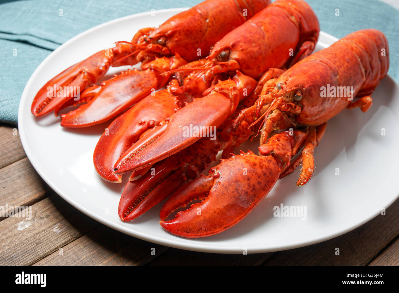 Cooked red Lobsters served on white plate ready for eating Stock Photo ...
