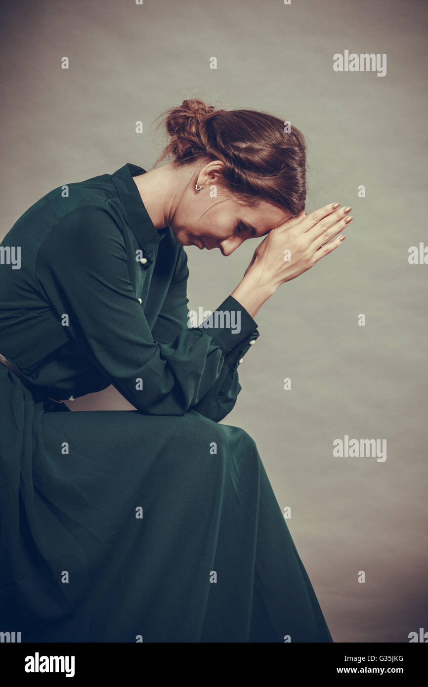 Sad woman retro style portrait long dark gown, vintage photo Stock ...