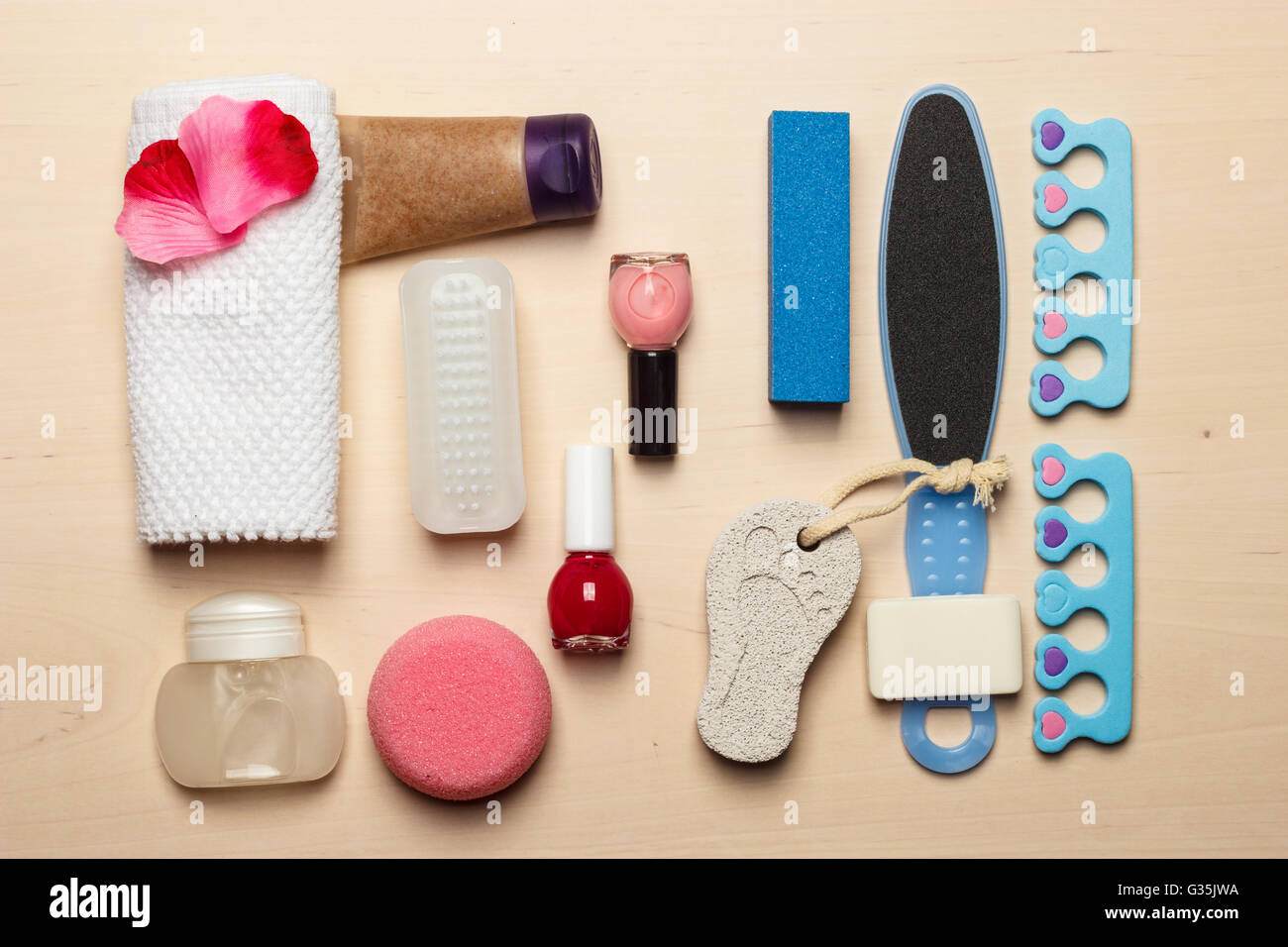 Foot care. Pedicure accessories set tools top view Stock Photo - Alamy