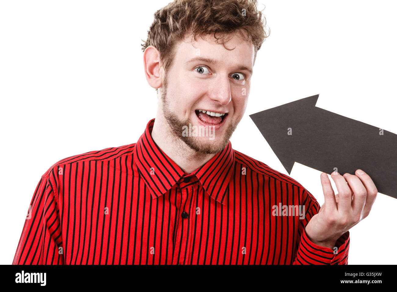 Healthy and perfect smile. Man showing his smiling mouth by black arrow ...