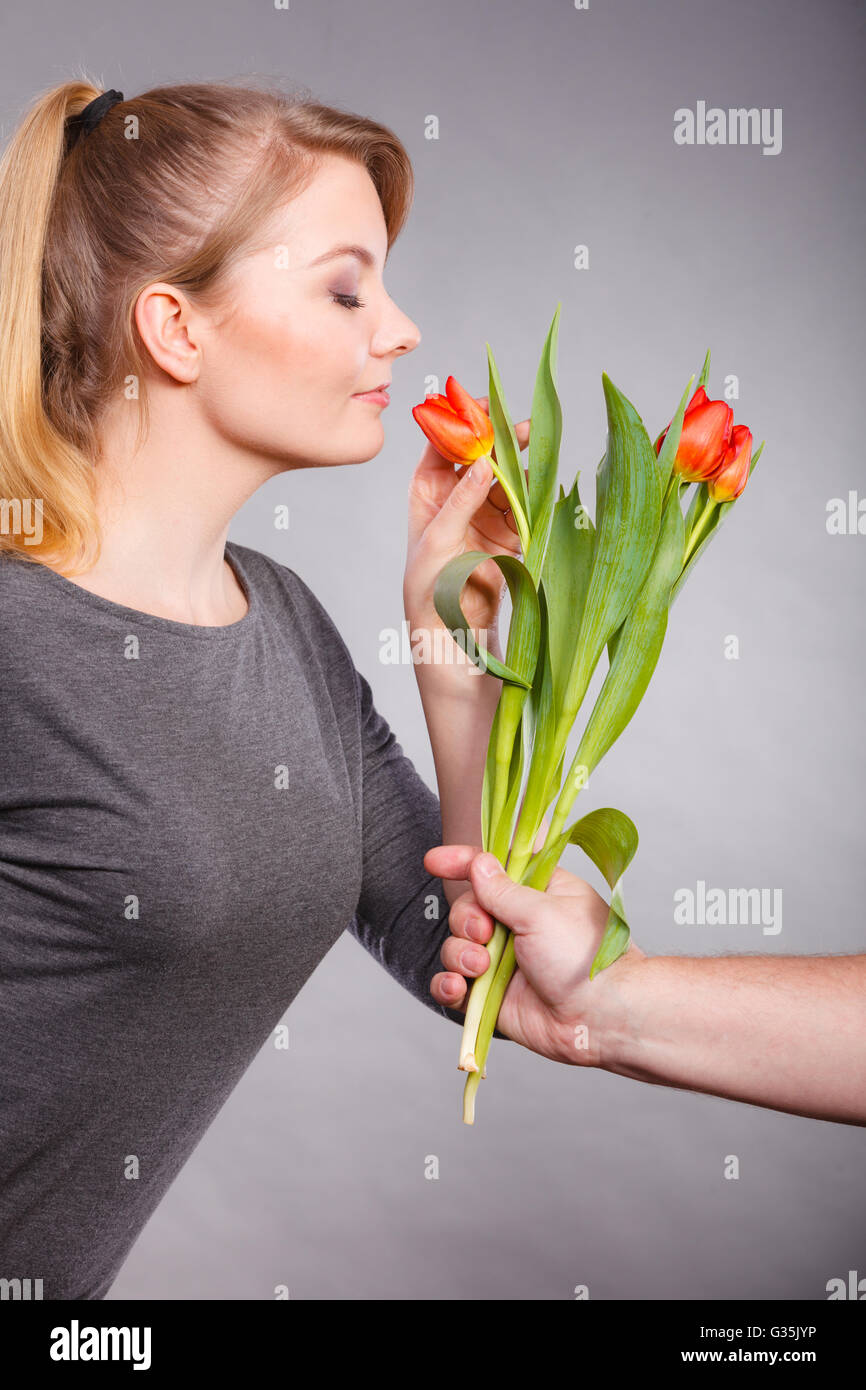 Peace and content. Beauty adorable girl smelling beautiful spring ...