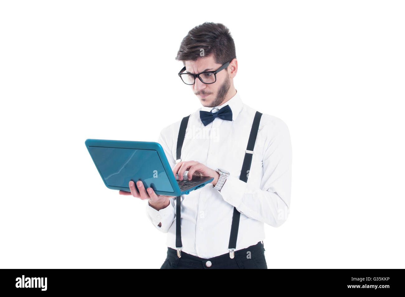 Young business man looking at his laptop with disappointment. Isolated ...