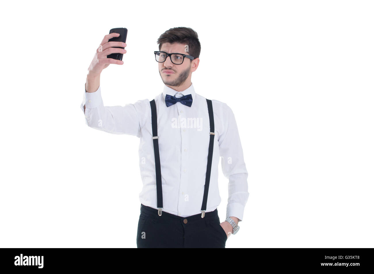 Young man making sad self-portrait isolated on white background Stock ...