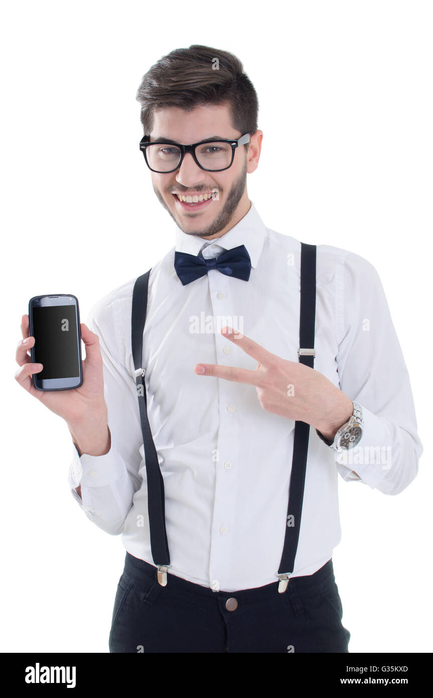 Young man showing a mobile phone application isolated on a white ...