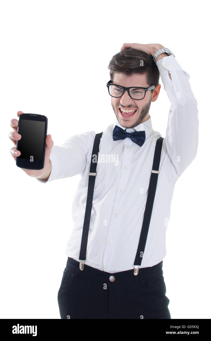 Young man showing a mobile phone application isolated on a white ...