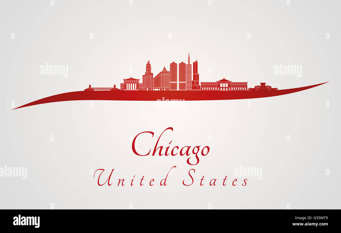 Chicago skyline in red and gray background in editable vector file ...
