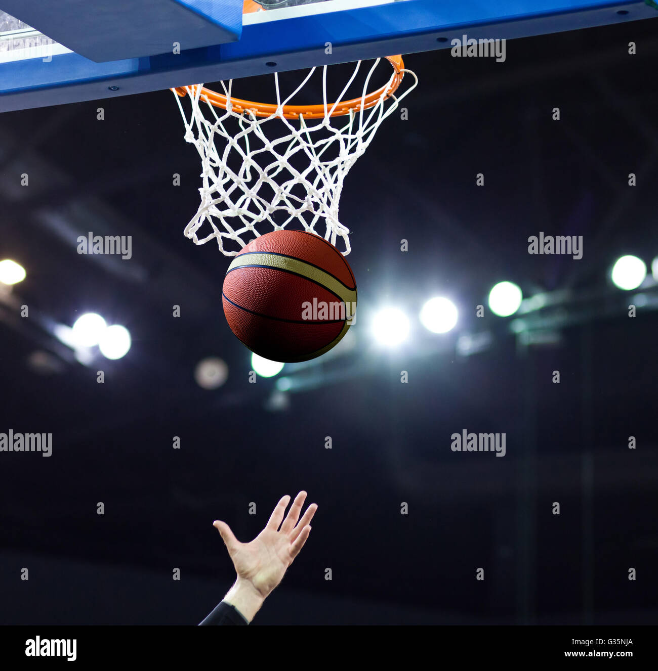 Basketball going through the hoop at a sports arena (intentional ...