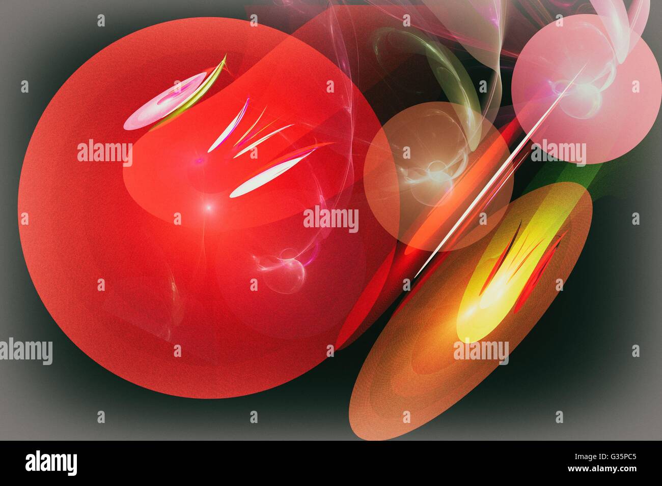 On a black background - bright-red ball, near the yellow oval and line ...