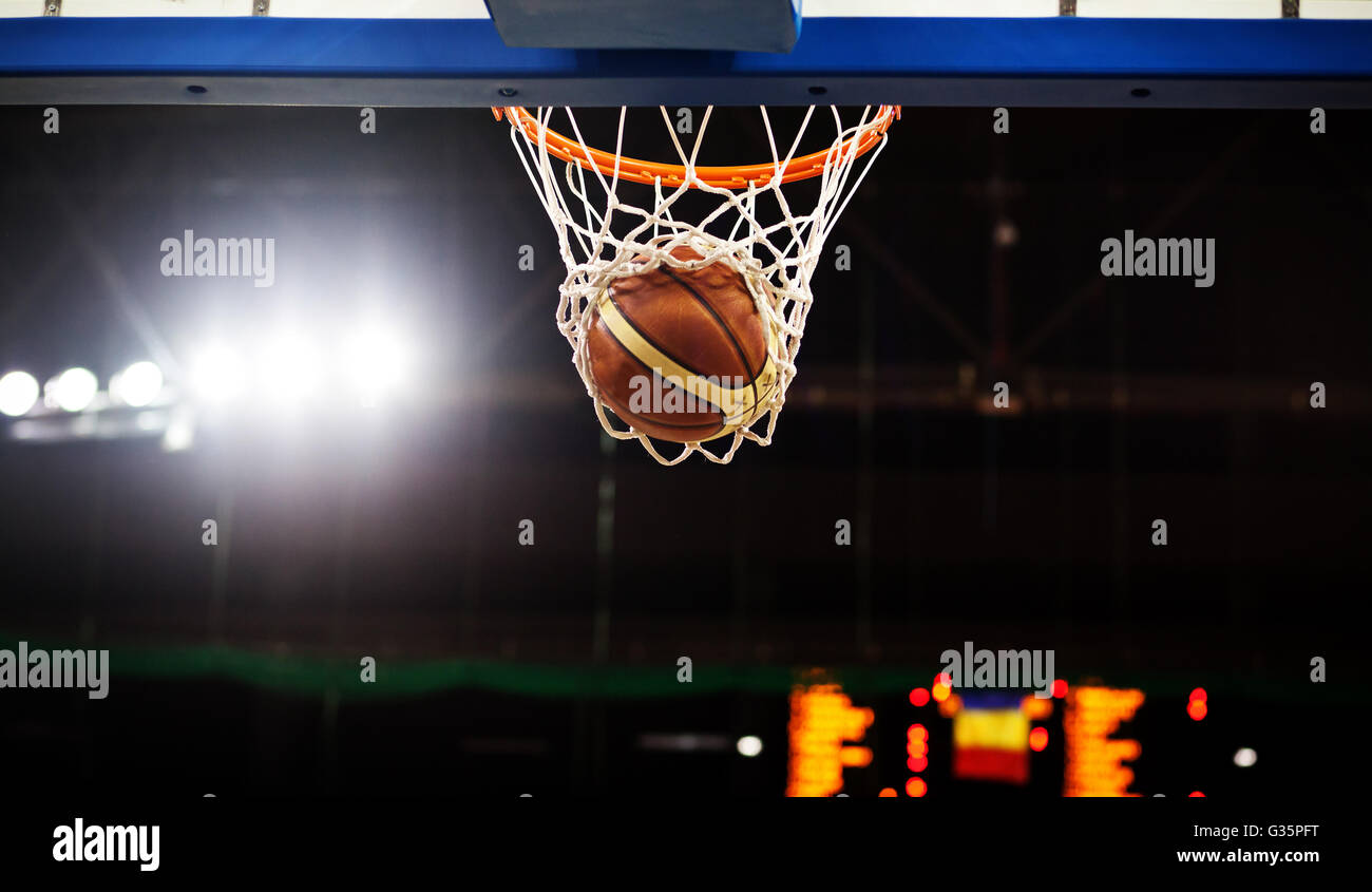 Basketball going through the hoop at a sports arena (intentional ...