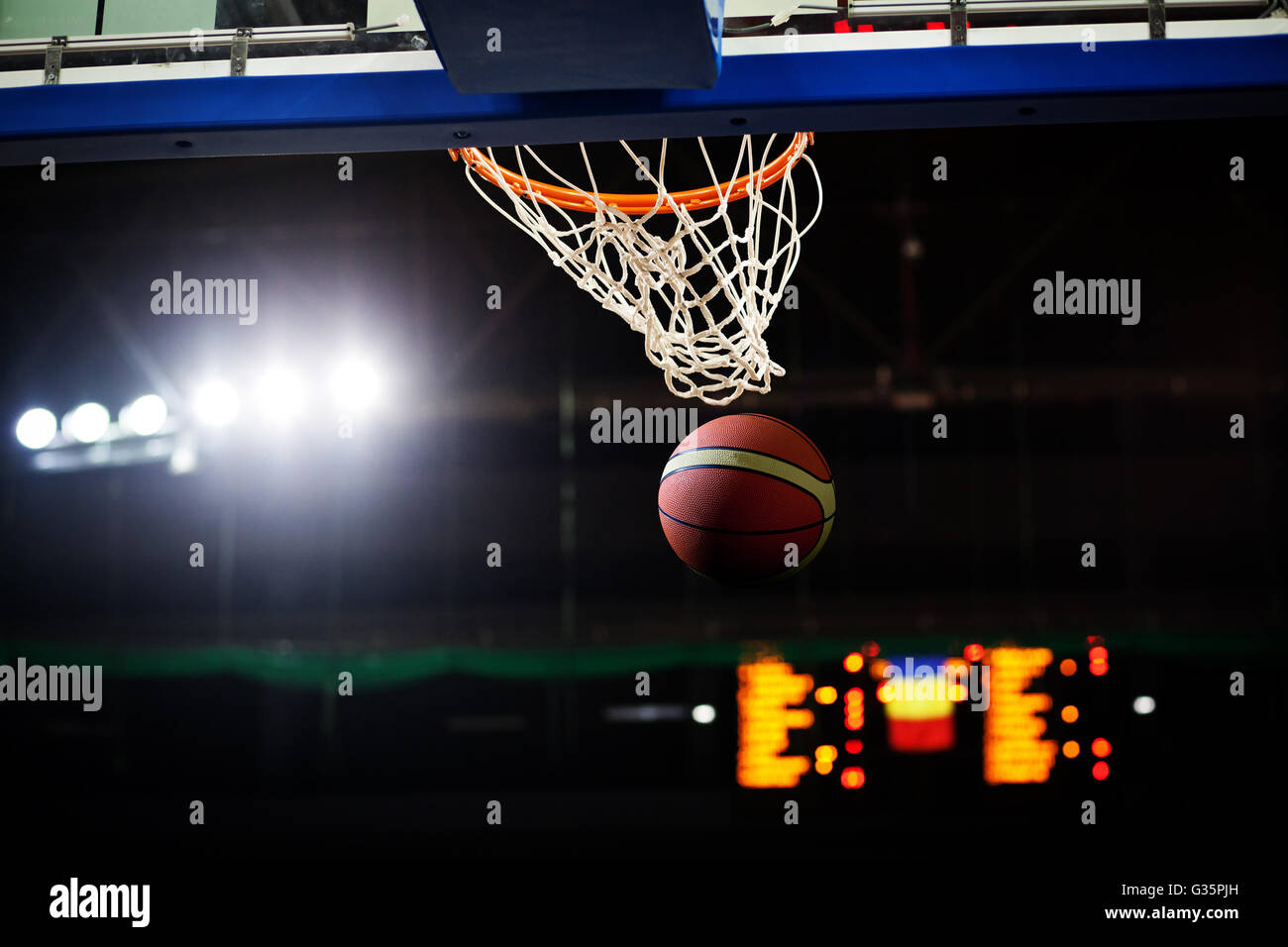 Basketball going through the hoop at a sports arena (intentional ...