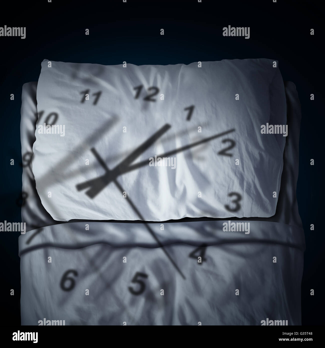 Clock stress concept as a time piece cast shadow on a pillow and bed as ...