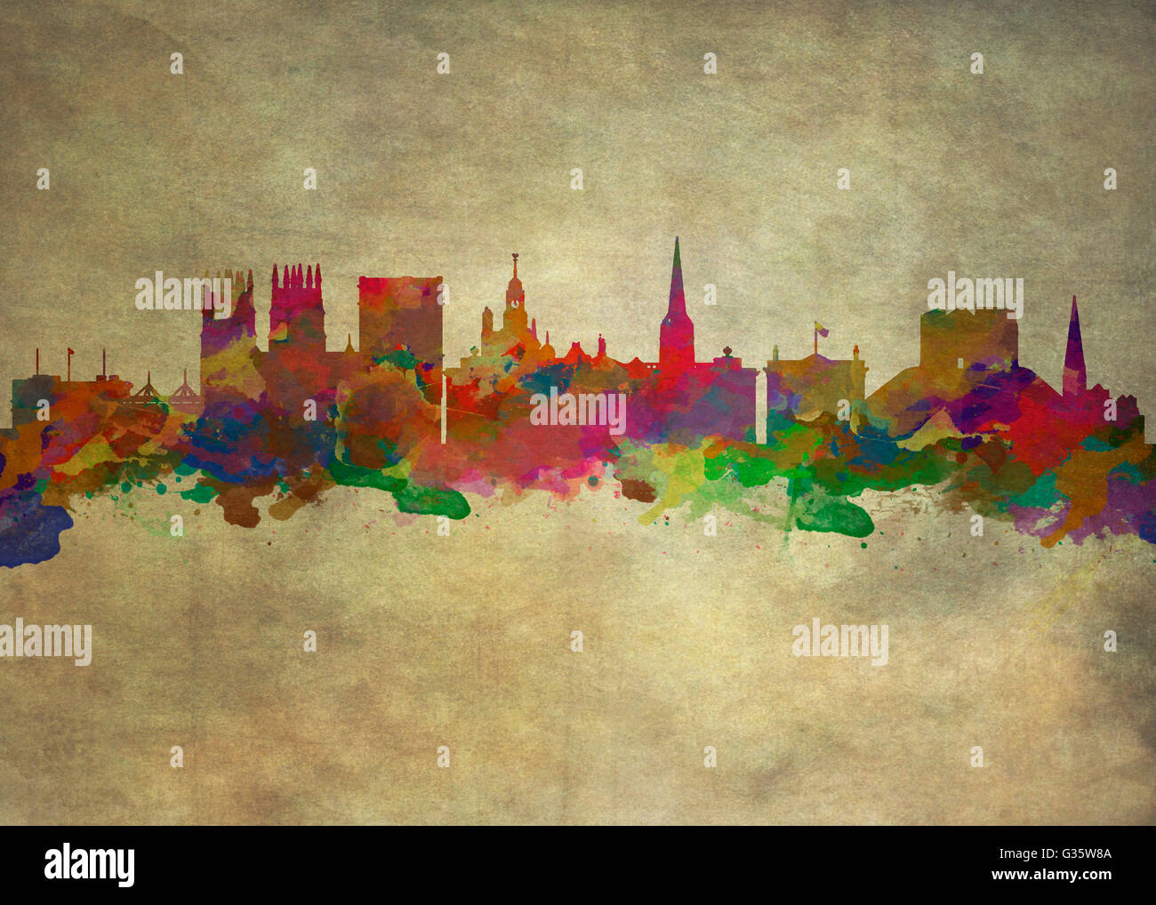 Watercolor art print of the Skyline of York England Stock Photo - Alamy