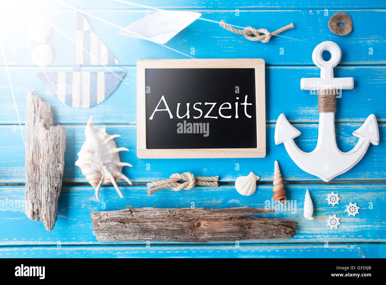 Sunny Nautic Chalkboard, Auszeit Means Relax Stock Photo - Alamy
