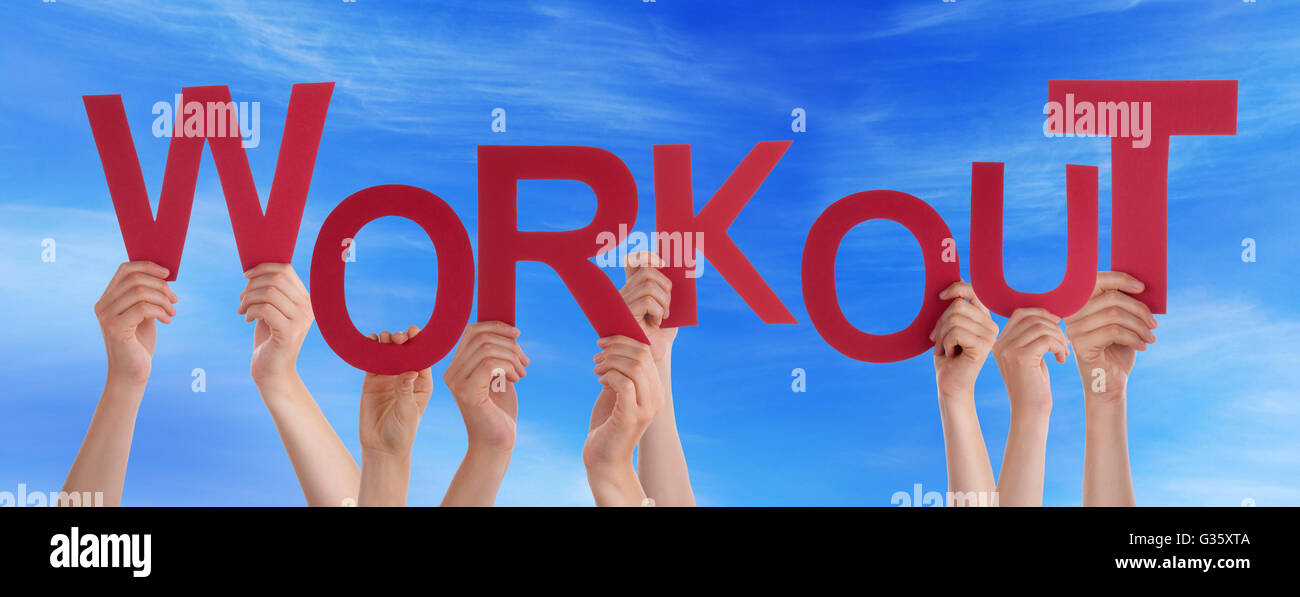 Many People Hands Holding Red Word Workout Blue Sky Stock Photo - Alamy