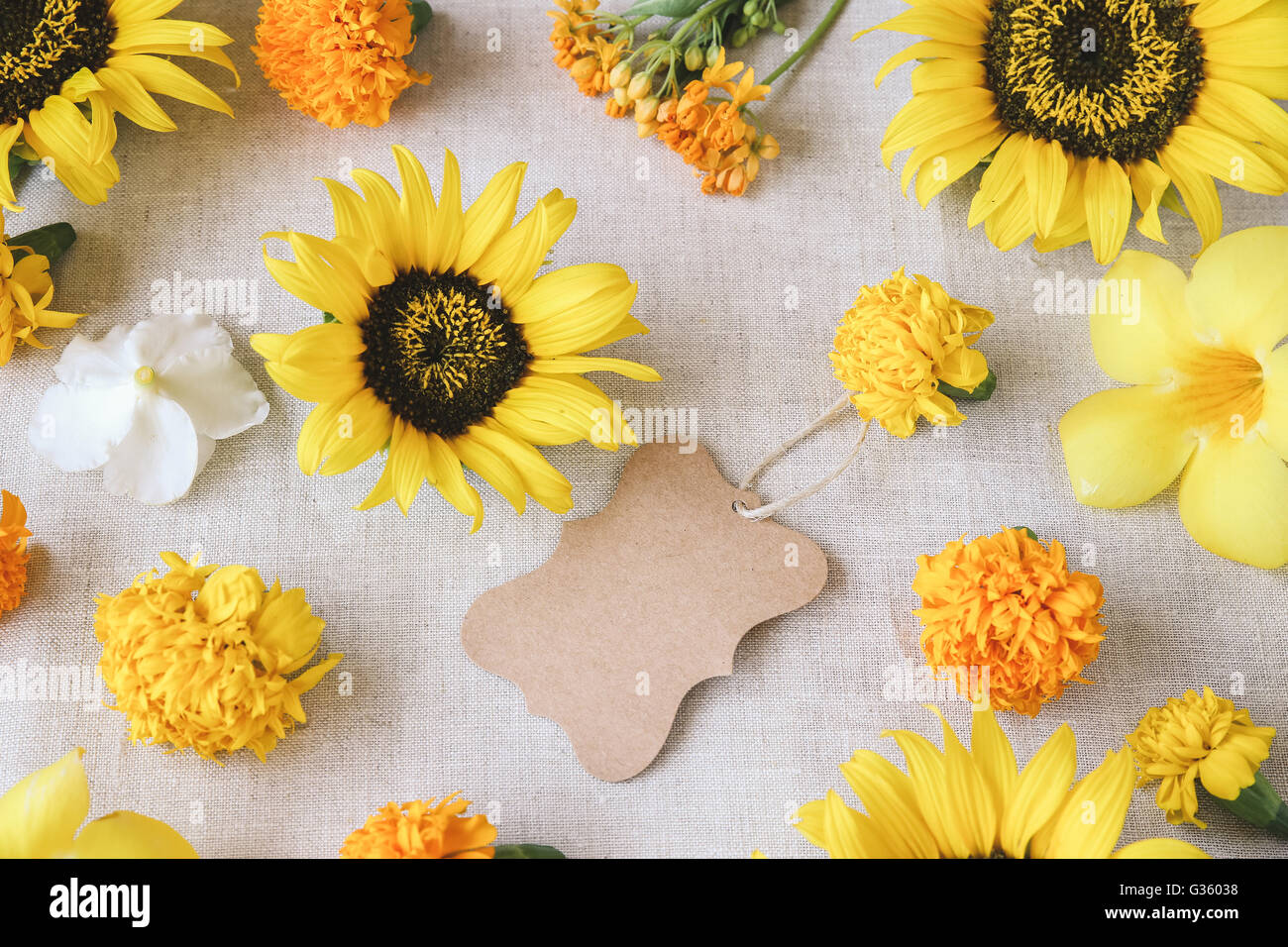 brown tag on Yellow flowers summer background Stock Photo - Alamy