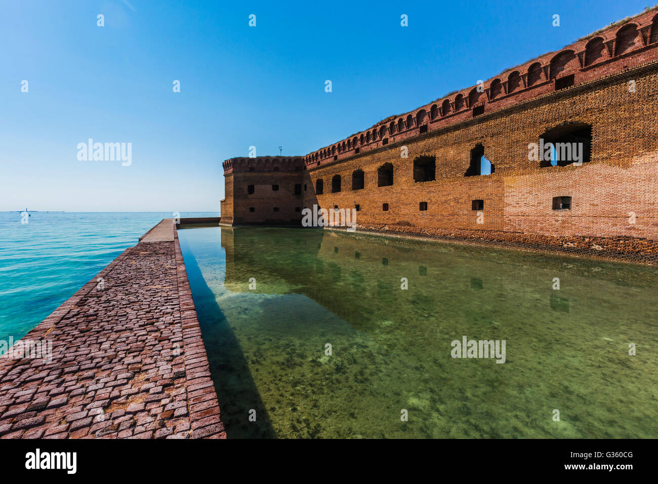 The moat, brick wall, battlements, and bastions of Fort Jefferson, on ...
