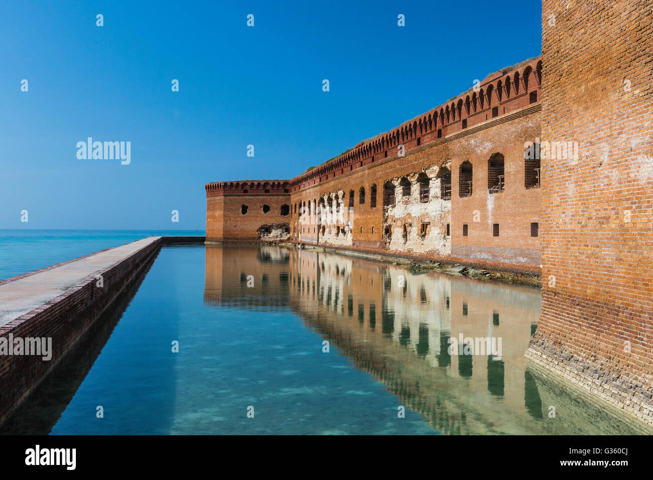 The moat, brick wall, battlements, and bastions of Fort Jefferson, on ...