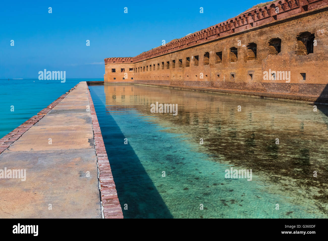 The moat, brick wall, battlements, and bastions of Fort Jefferson, on ...