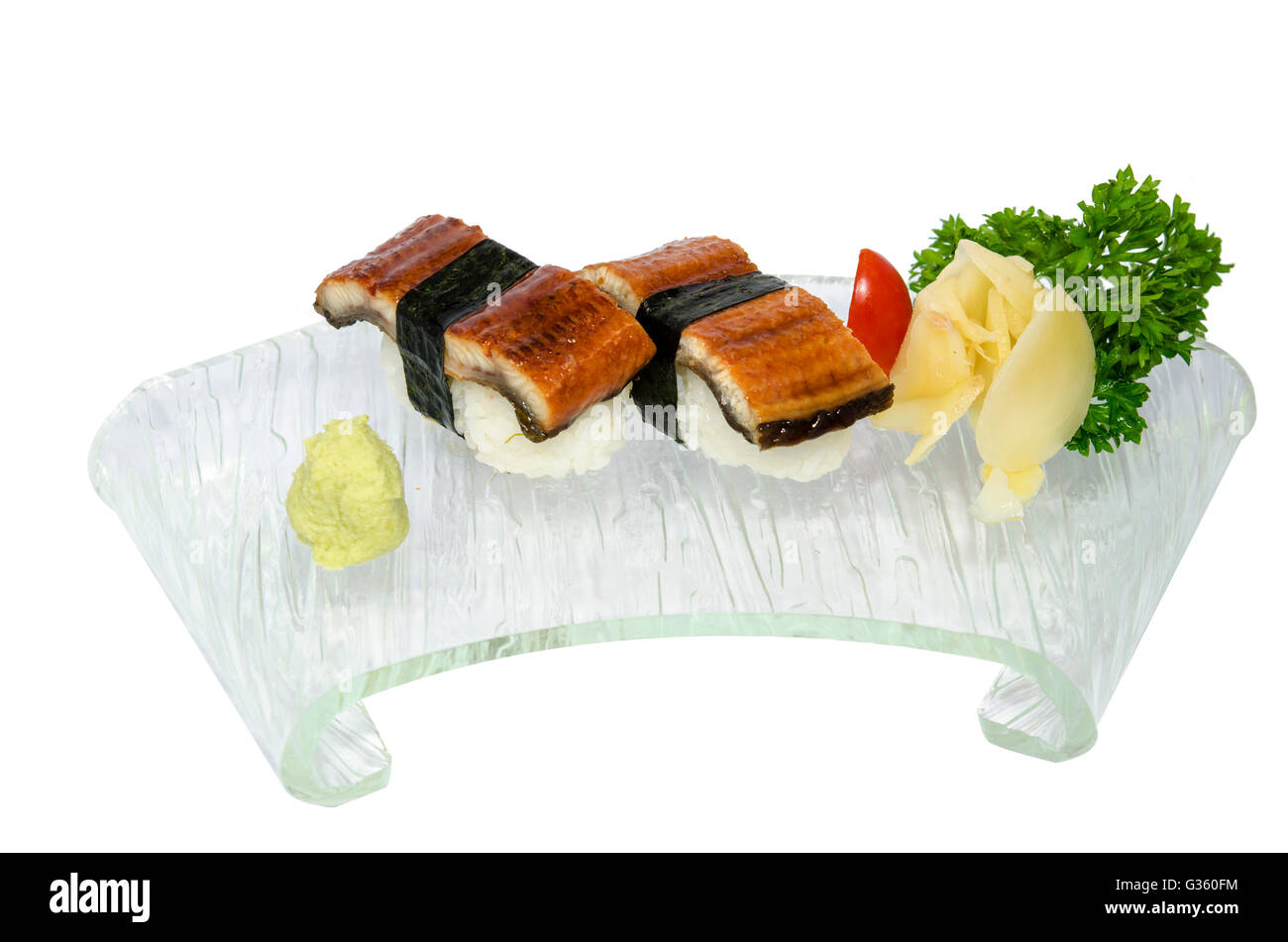 sushi unagi with sauced slice of smoked Eel isolated on white background Stock Photo - Alamy