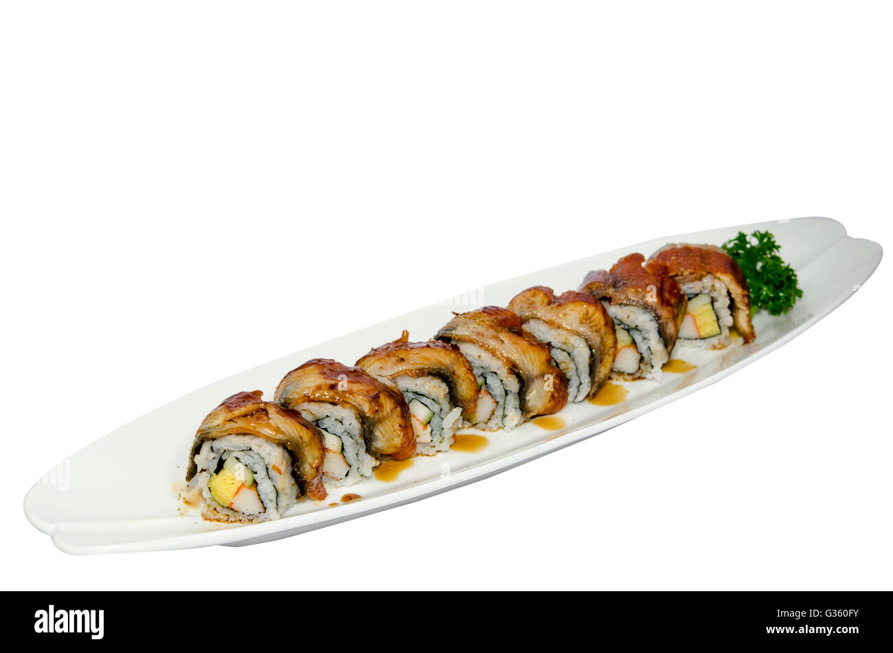 Unagi roll on the white background Stock Photo - Alamy