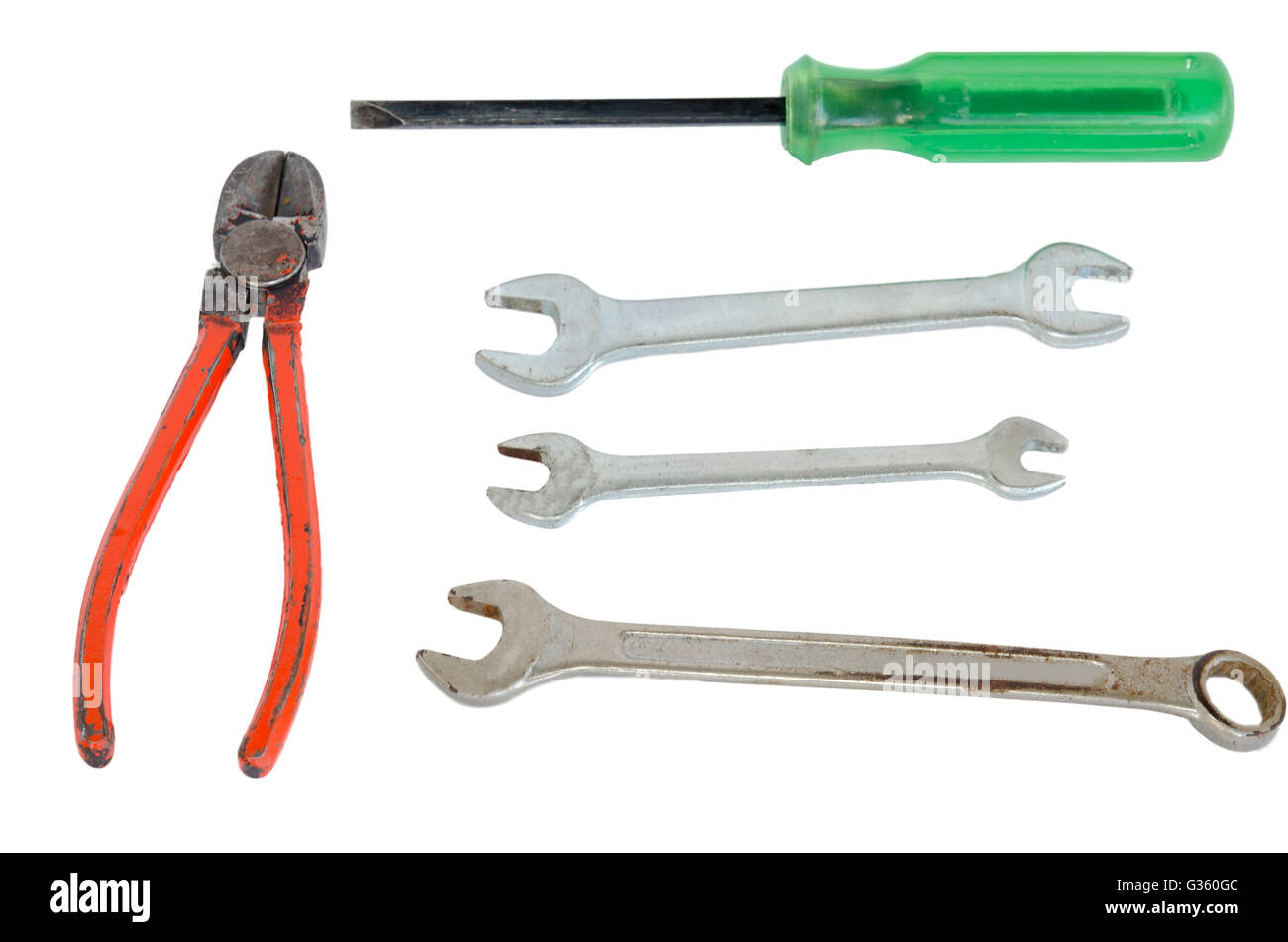 set of construction tools in screwdriver pliers wrench cutter on Stock ...