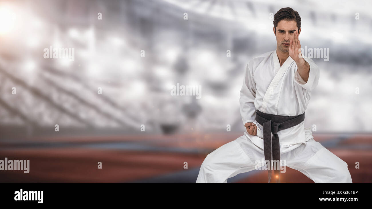 Composite image of portrait of fighter performing karate stance Stock ...