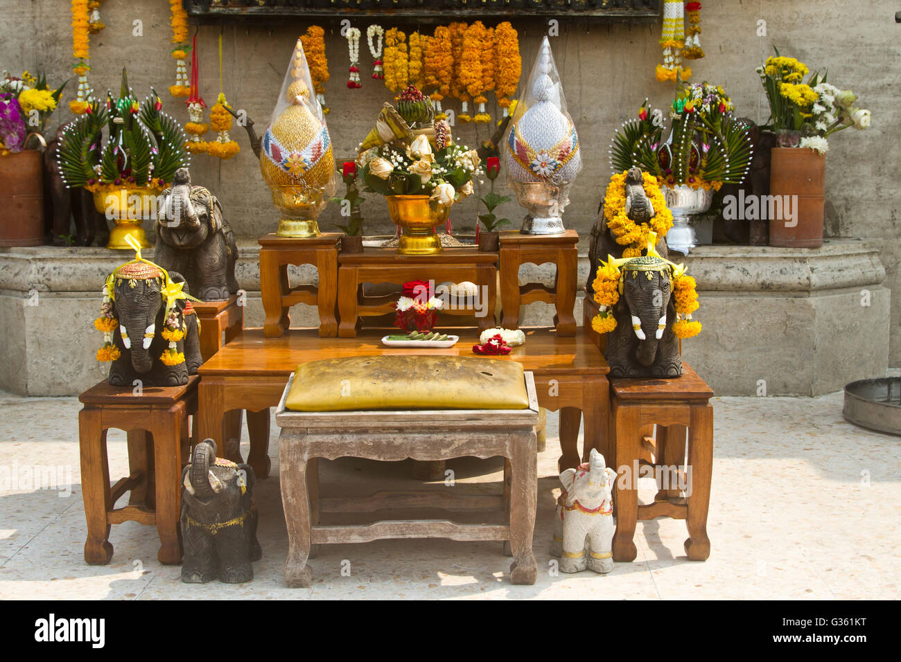 Tables in a temple Bangkok Thailand Stock Photo - Alamy