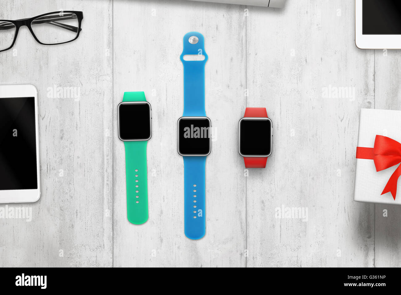 Three smartwatch with isolated, blank screen for mockup. Top view scene ...