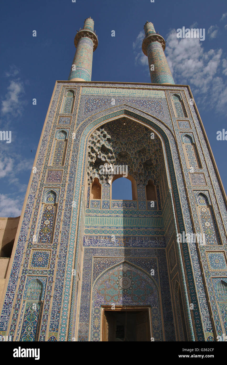 Jameh Mosque, Iwan (main entrance and minarets) Yazd, Iran Stock Photo ...