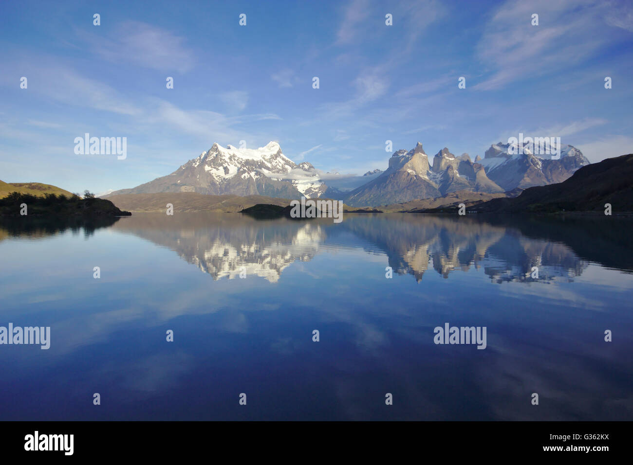 Cuernos del Paine and Cerro Paine Grande reflected in Lake Pehoe, Torres del Paine National Park ...
