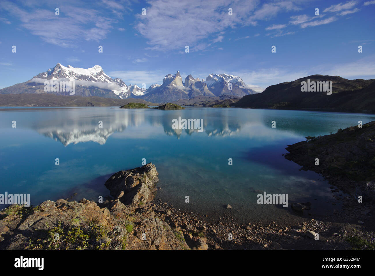 Cuernos del Paine and Cerro Paine Grande reflected in Lake Pehoe, Torres del Paine National Park ...